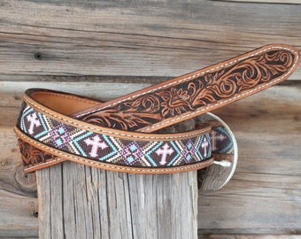 Western Leather Inlay Beaded Belt | Etsy