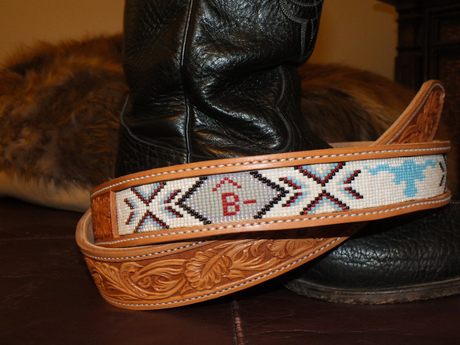 Western Leather Inlay Beaded Belt | Etsy