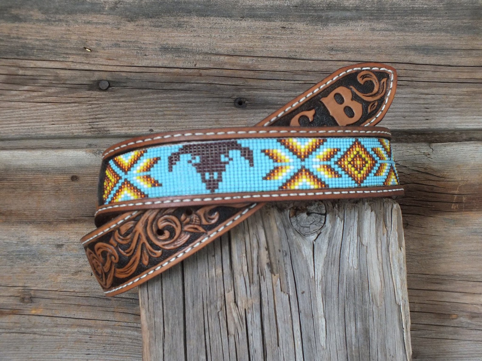 Western Leather Inlay Beaded Belt - Etsy