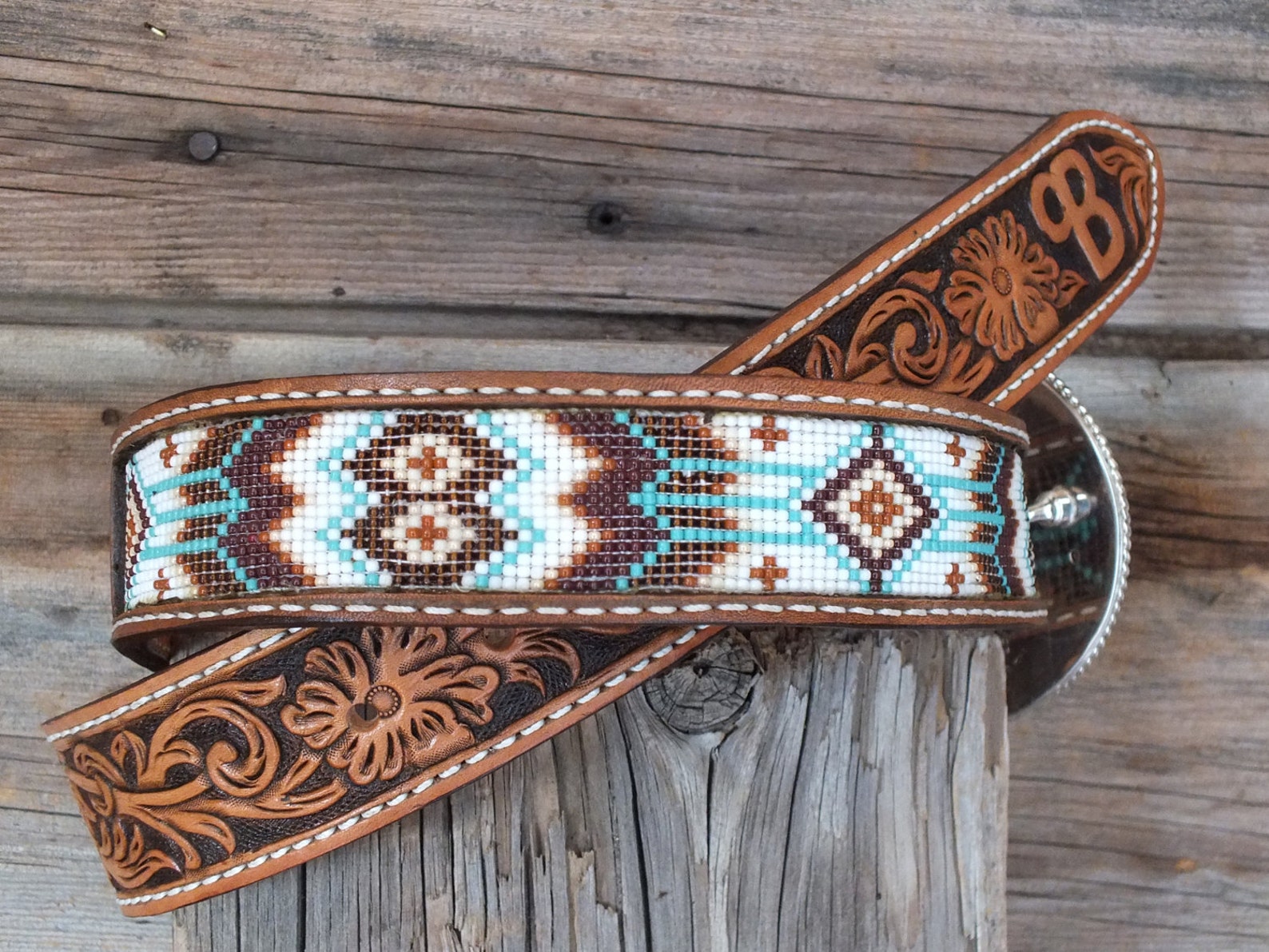 Western Leather Inlay Beaded Belt | Etsy