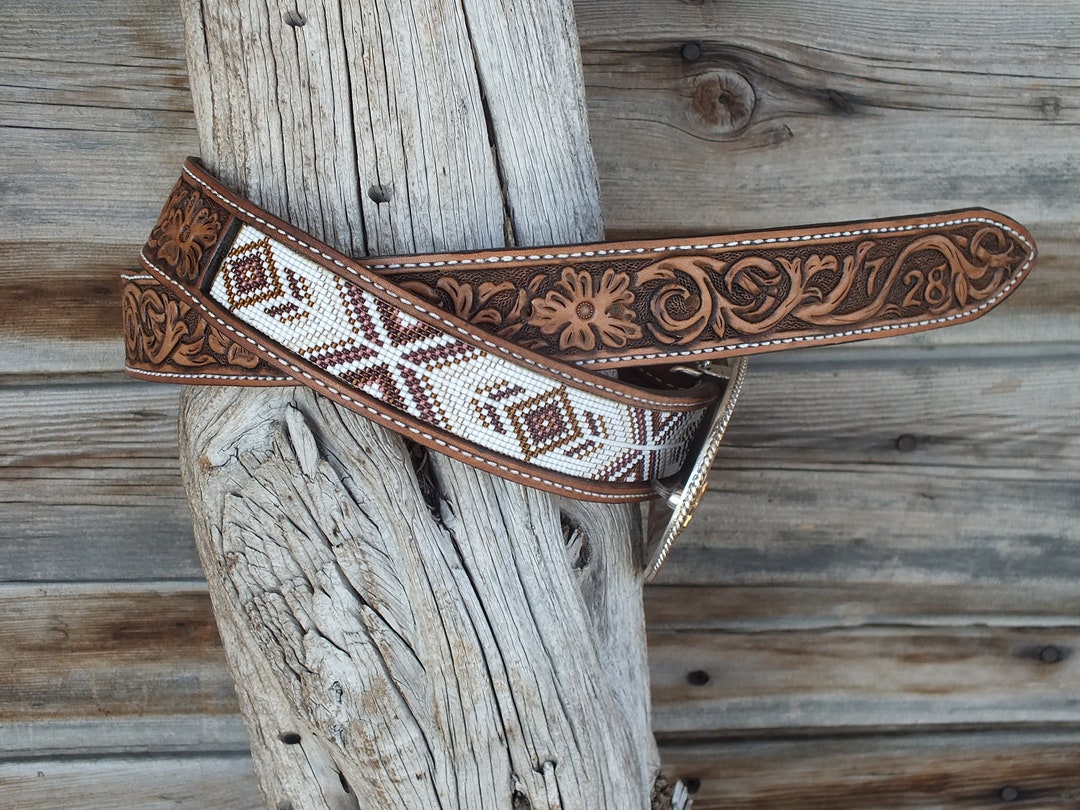 Western Leather Inlay Beaded Belt - Etsy