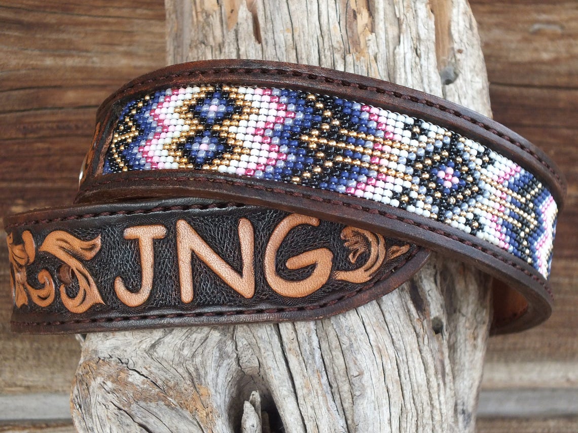 Western Leather Inlay Beaded Belt - Etsy