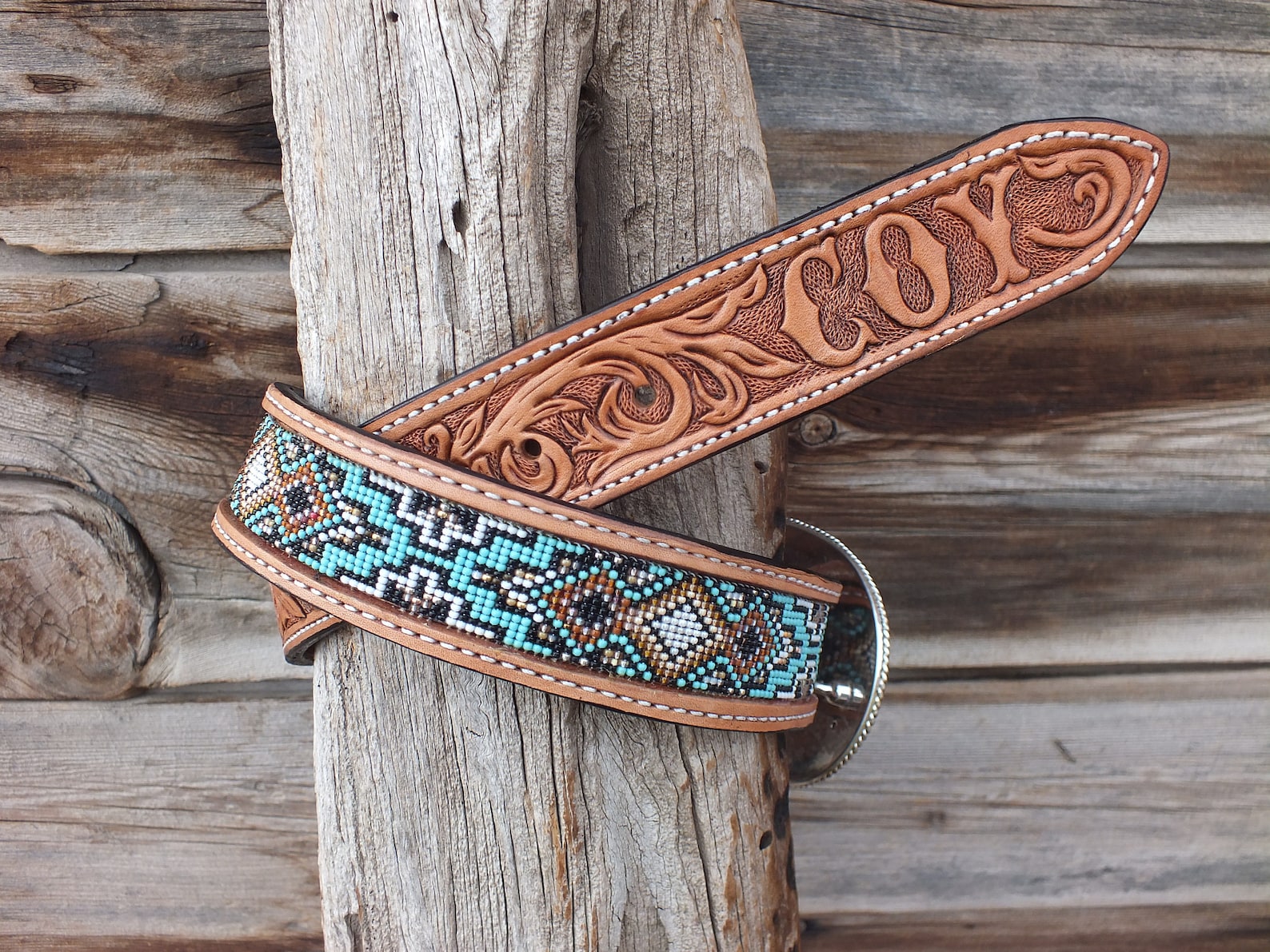 Western Leather Inlay Beaded Belt - Etsy