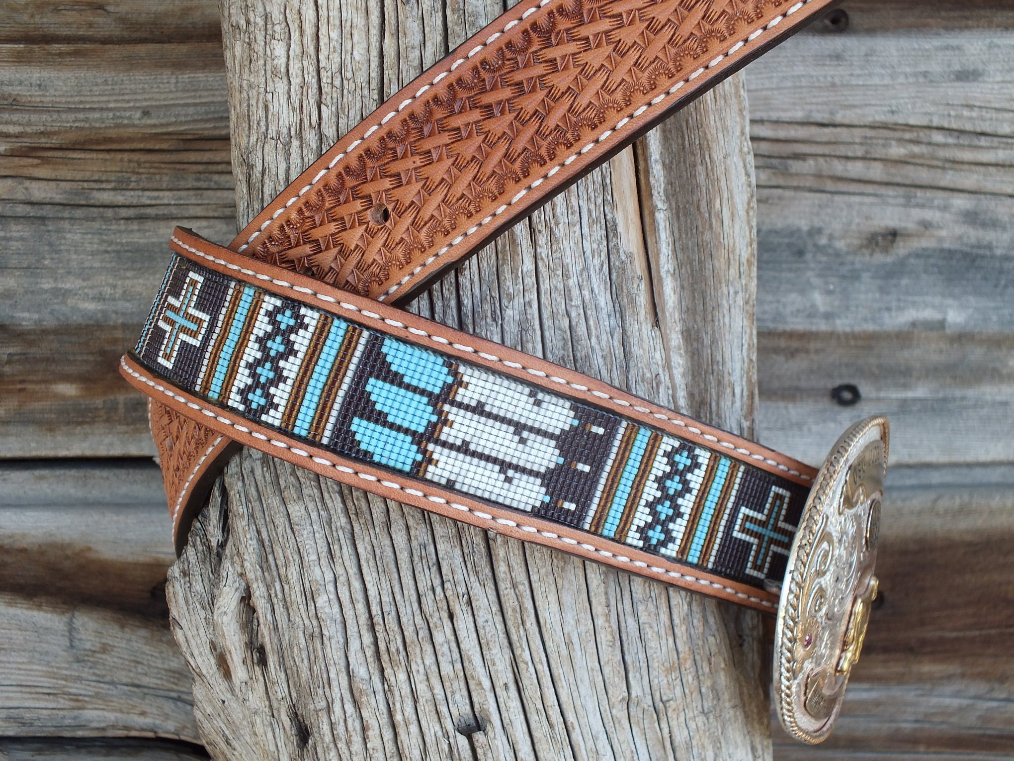Western Leather Beaded Belt - Etsy