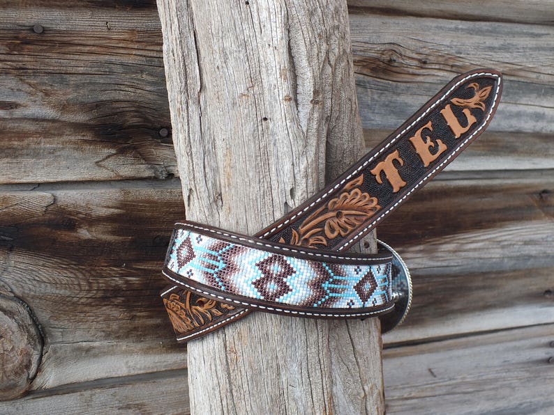 Western Leather Inlay Beaded Belt - Etsy