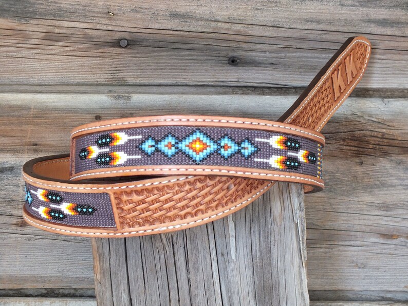 Western Leather Inlay Beaded Belt - Etsy