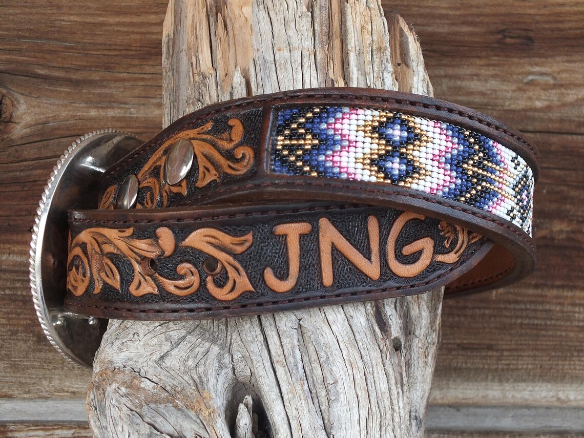 Western Leather Inlay Beaded Belt - Etsy