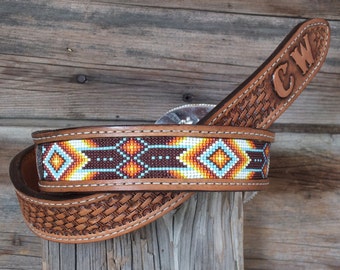 Western Leather Inlay Beaded Belt | Etsy