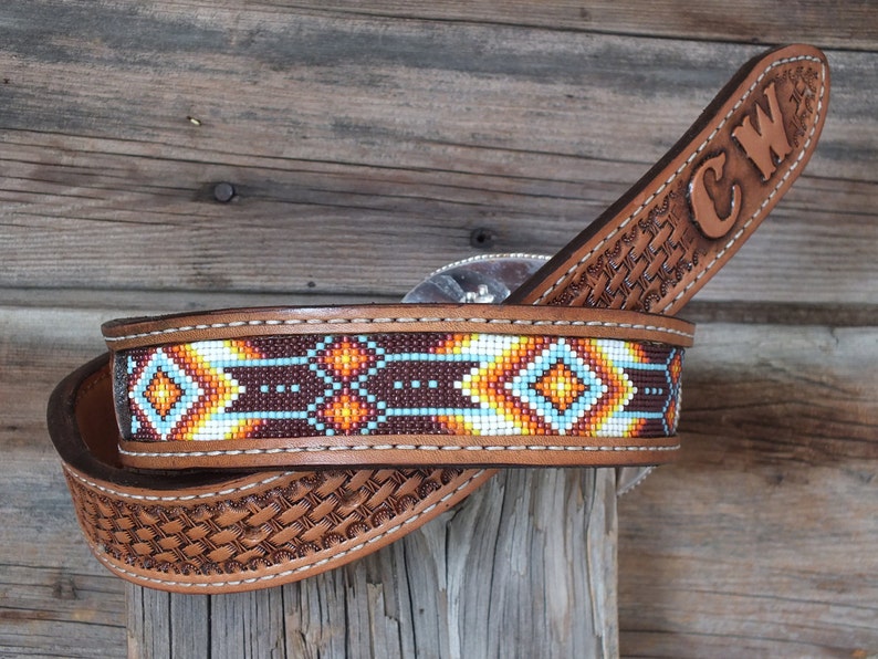 Western Leather Inlay Beaded Belt | Etsy
