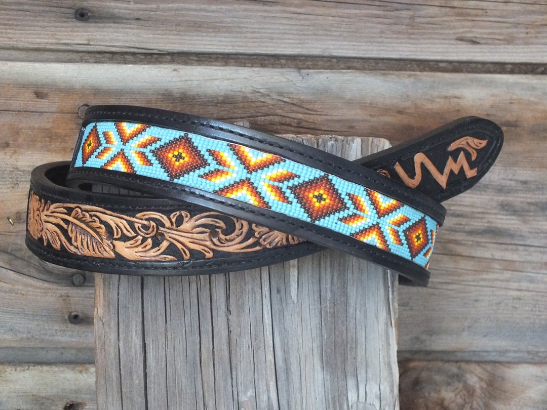 Western Leather Inlay Beaded Belt - Etsy