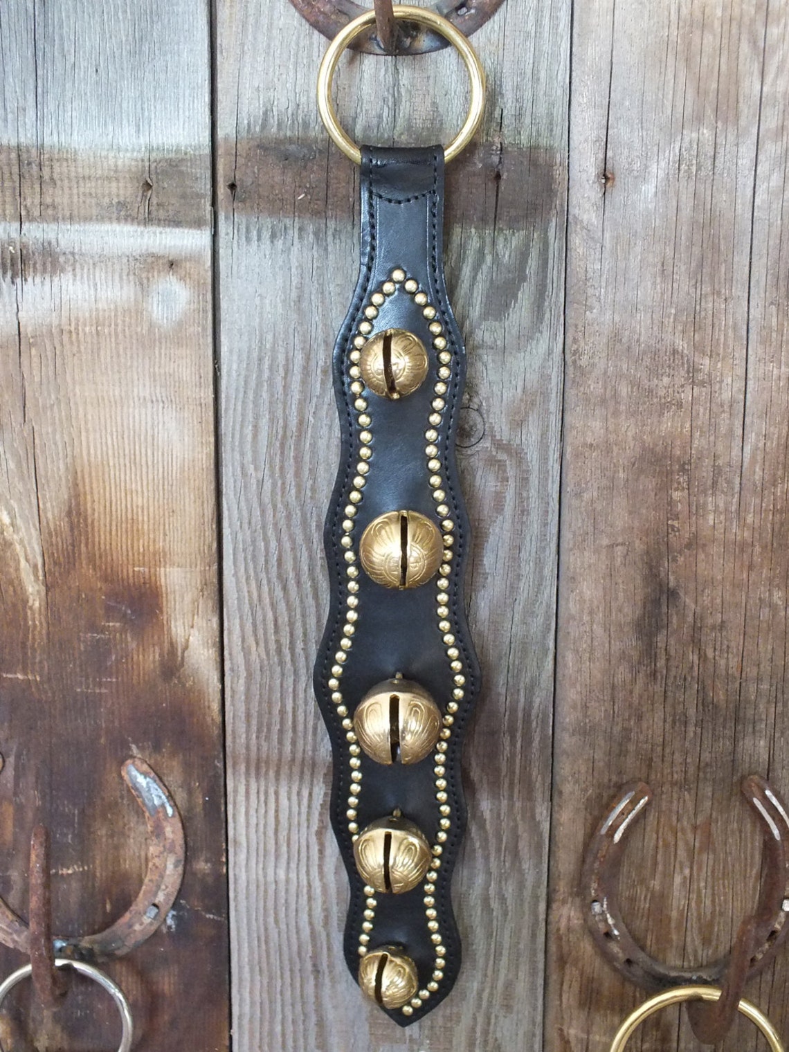 Black Leather Sleigh Brass Bell Door Strap - Etsy