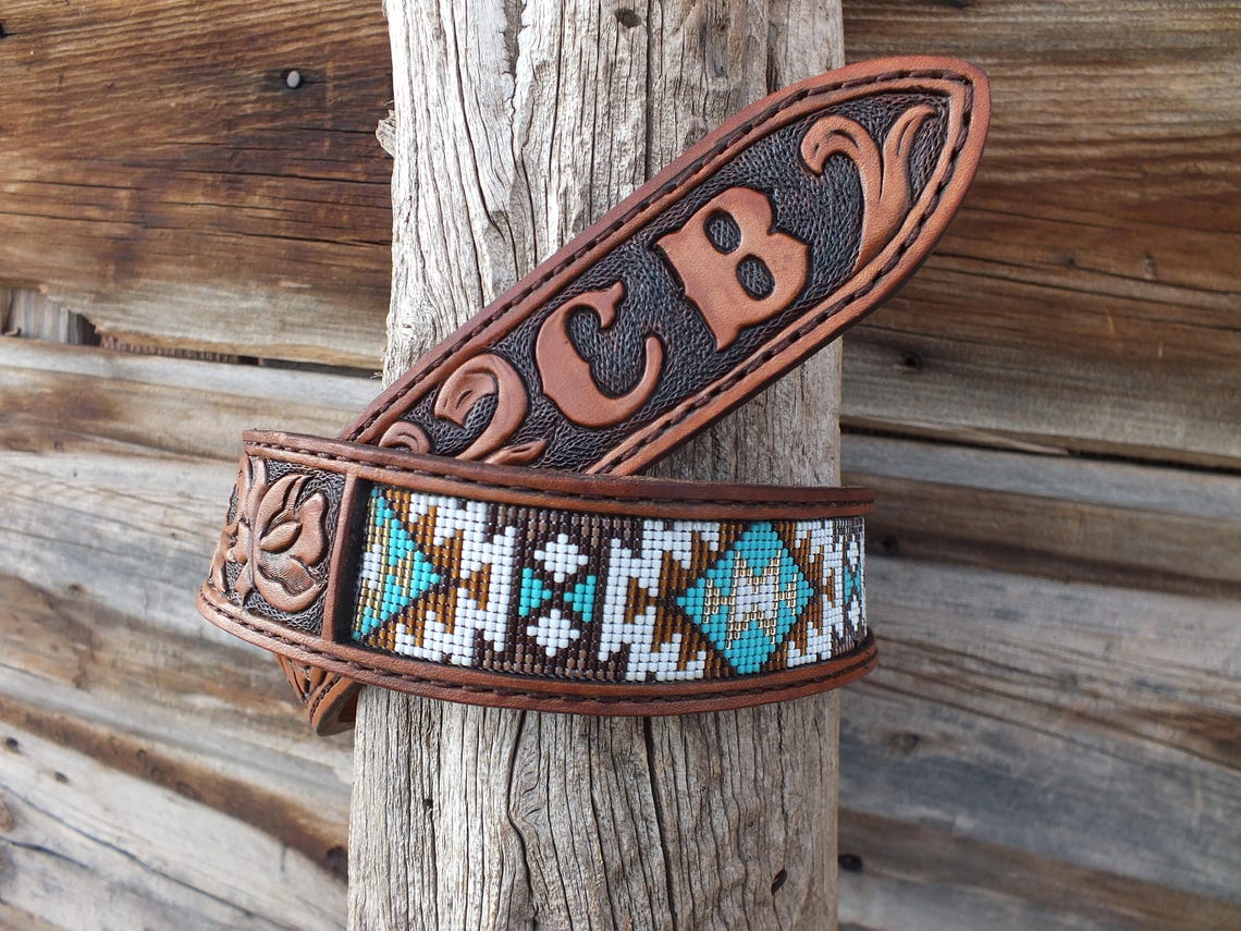 Western Leather Inlay Beaded Belt | Etsy