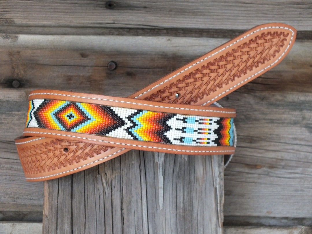 Western Leather Inlay Beaded Belt - Etsy