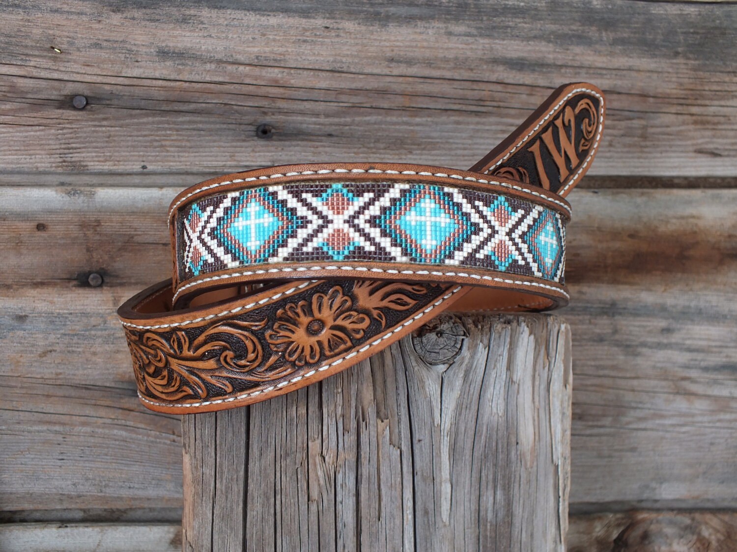 Western Leather Inlay Beaded Belt - Etsy
