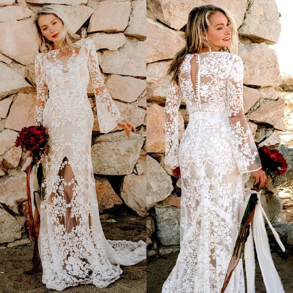 Sheer Lace Back Wedding Dresses