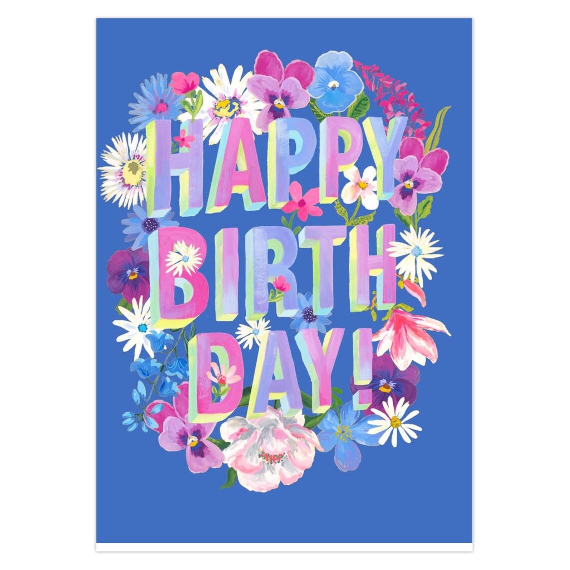 Bold Blue Floral Birthday Greeting Card, With Hand Painted Lettering ...