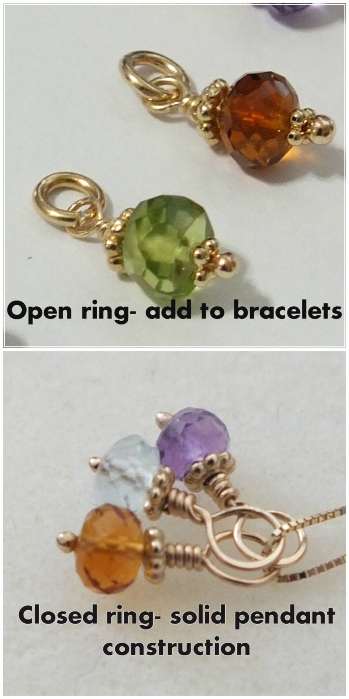 14k Solid Yellow Gold Gemstone Charm: Natural Birthstone Choice- All ...