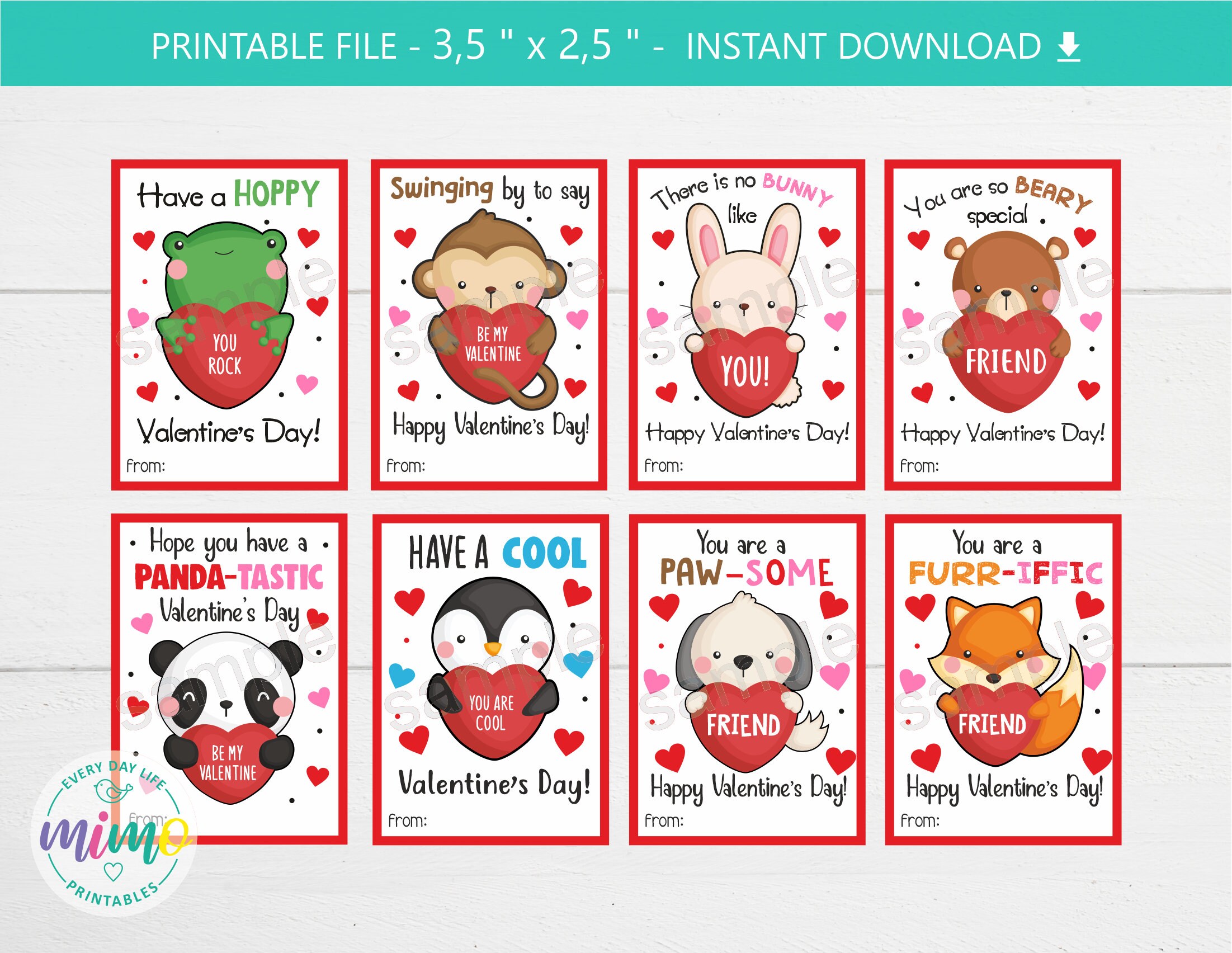 8 Printable Animal-themed Valentine's Day Cards, for Kids Classroom ...