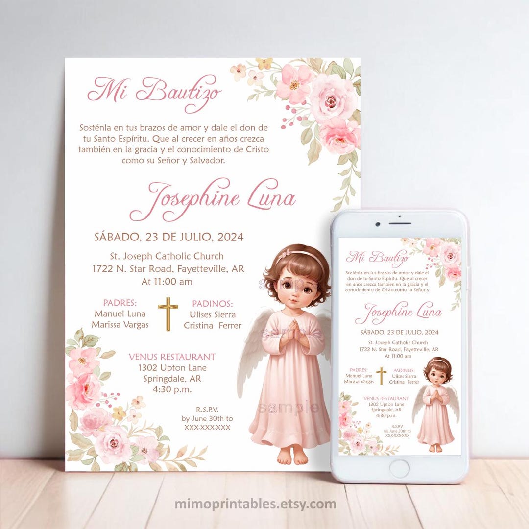 Girl Baptism Floral Angel Invitation | Personalized, Non-editable ...