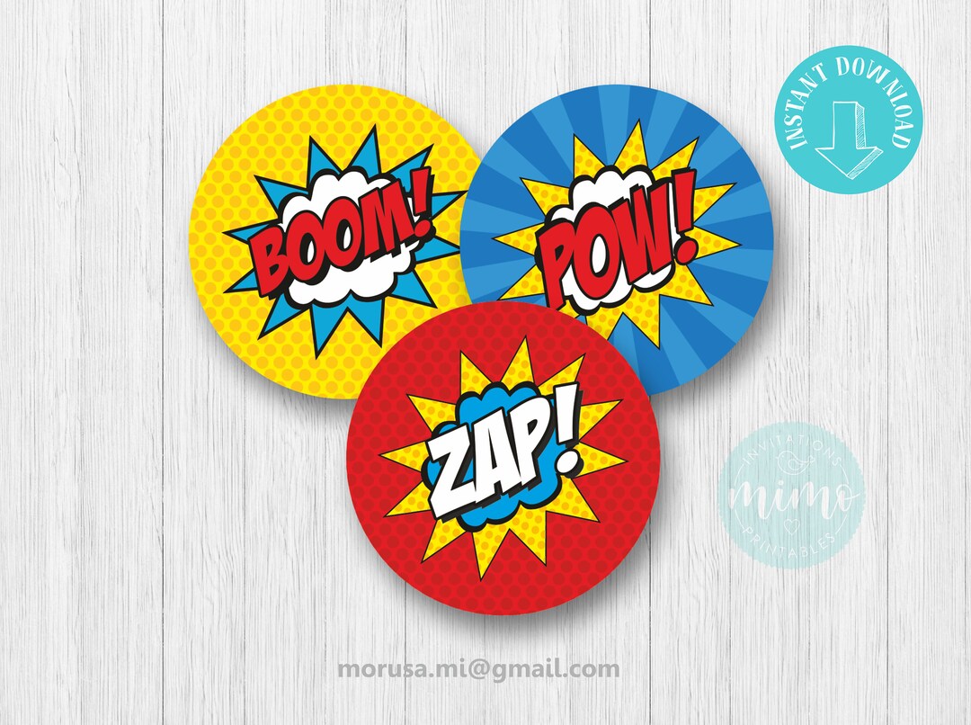 Superhero Comic Bubbles Toppers Circle Label Tag Instant - Etsy