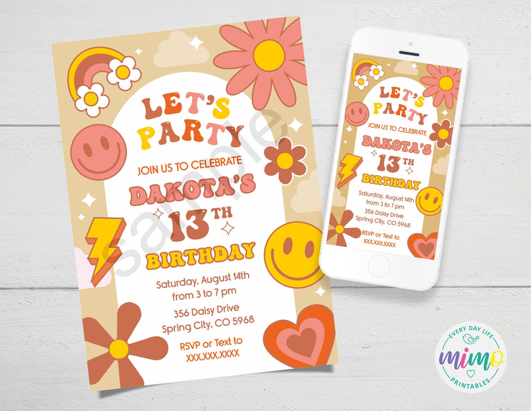 Groovy Birthday Party Invitation, Let's Party, Smiley Face, Hippie ...