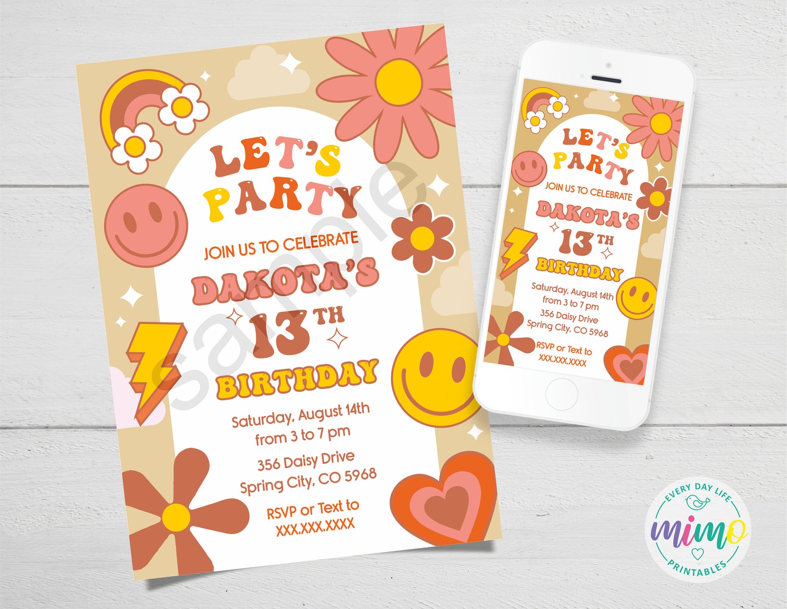 Groovy Birthday Party Invitation Let's Party Smiley - Etsy