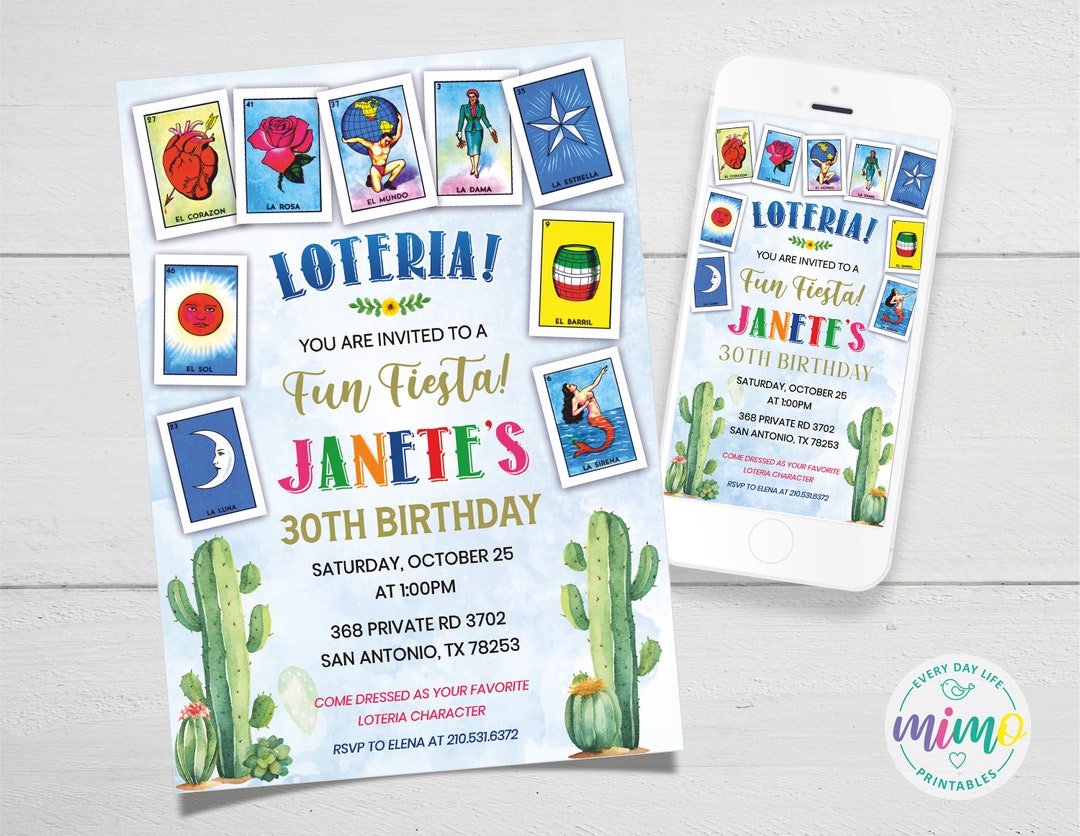 Loteria Invitation, Mexican Fiesta Invitation, Elegant, Birthday ...