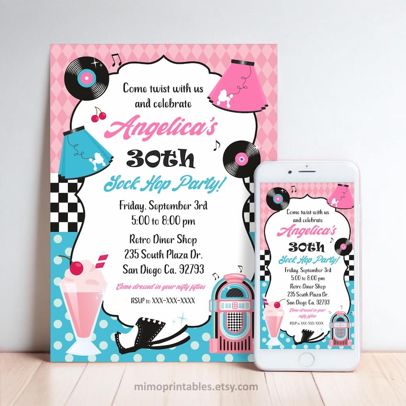 50's Rock and Roll Birthday Invitation: Retro Sock Hop Theme (printable ...