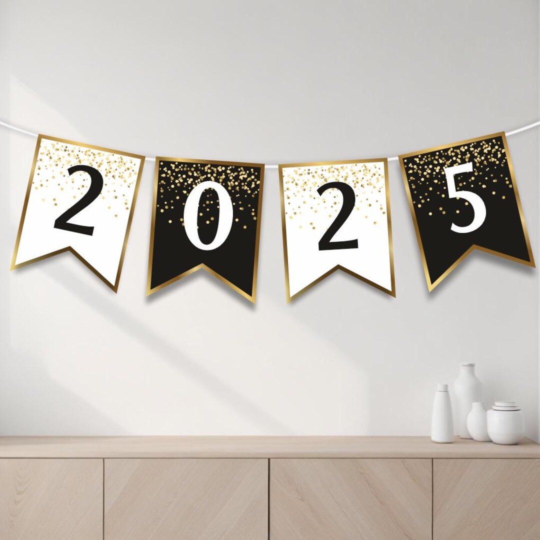 Year 2025 Printable Banner | Black & Gold | Instant Download | PDF File ...