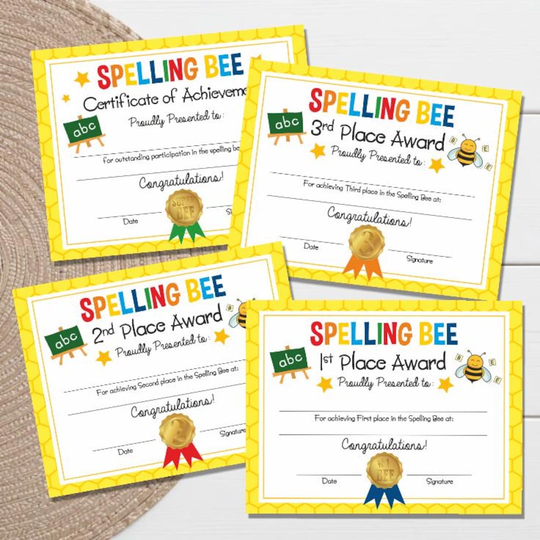 Spelling Bee Certificates: 1st, 2nd, 3rd Place & Achievement (instant ...