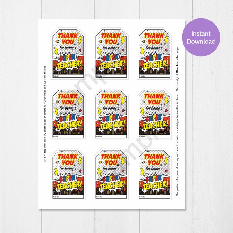 Superhero Teacher Appreciation Tag: Comic Style Thank You (instant ...