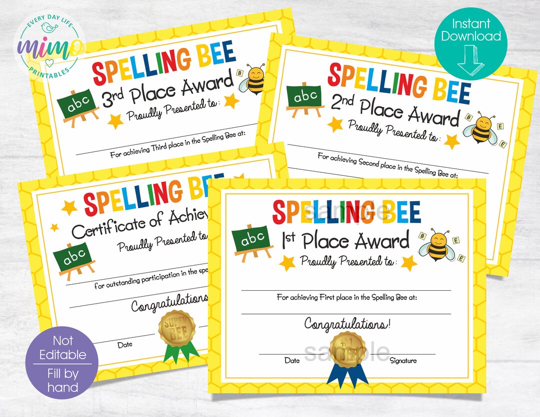 Spelling BEE Certificates First Second Third Place Achievement