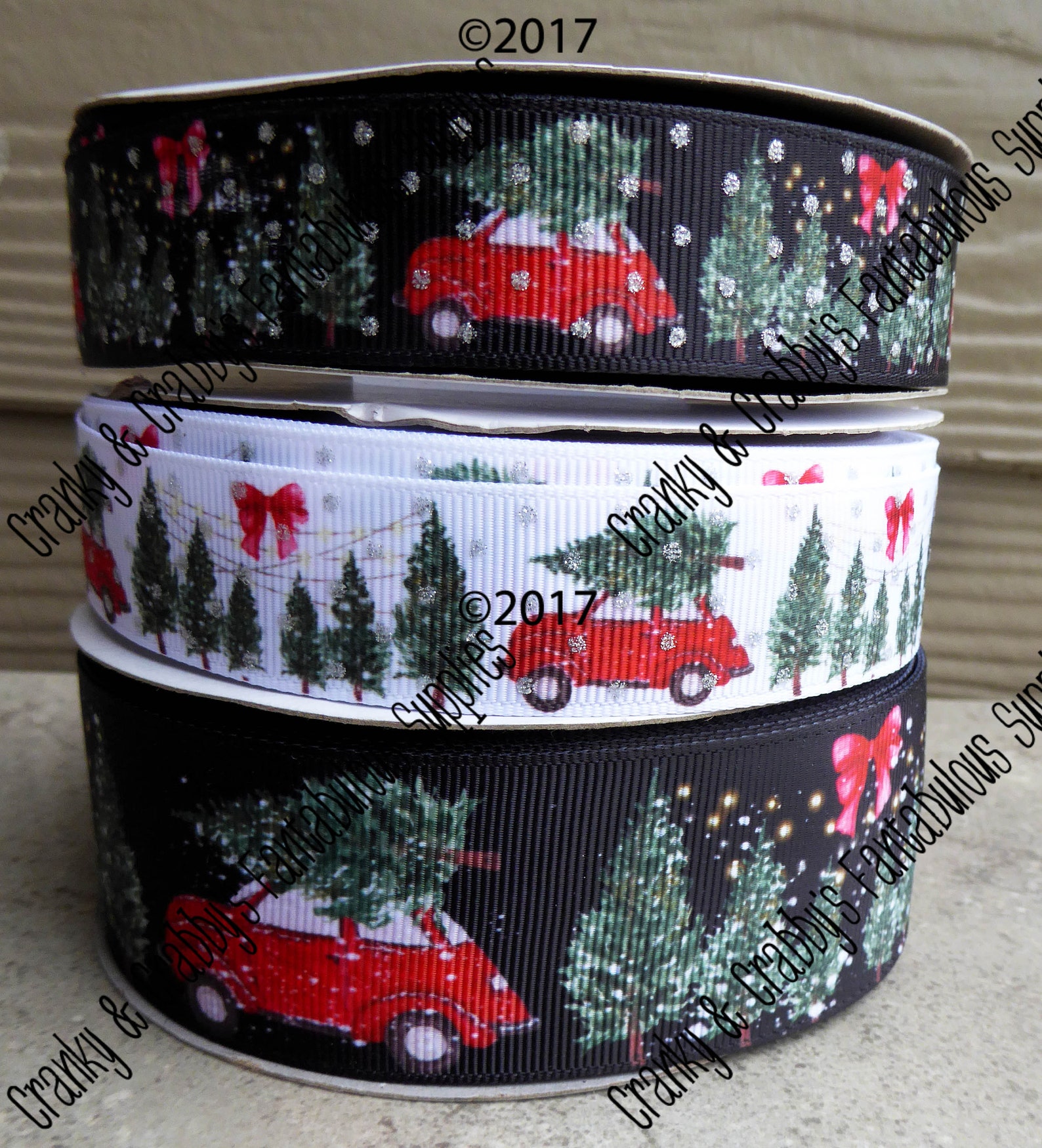 Ribbon Holiday Red Car With Christmas Tree Print 2 Widths | Etsy