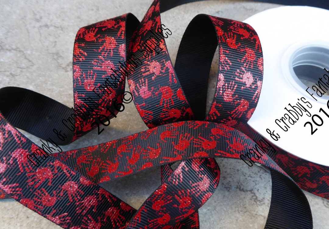 Pre-cut 5 Yd Roll of 7/8" Bloody Hand Print on Black - Bloody - Glitter ...
