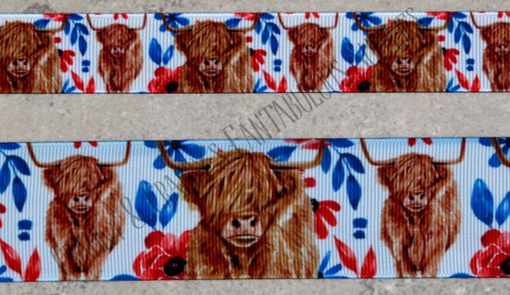 Highland Cow Red White and Blue FLORAL Double Side Print - Etsy