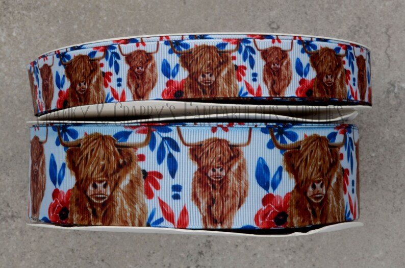 Highland Cow Red White and Blue FLORAL Double Side Print - Etsy