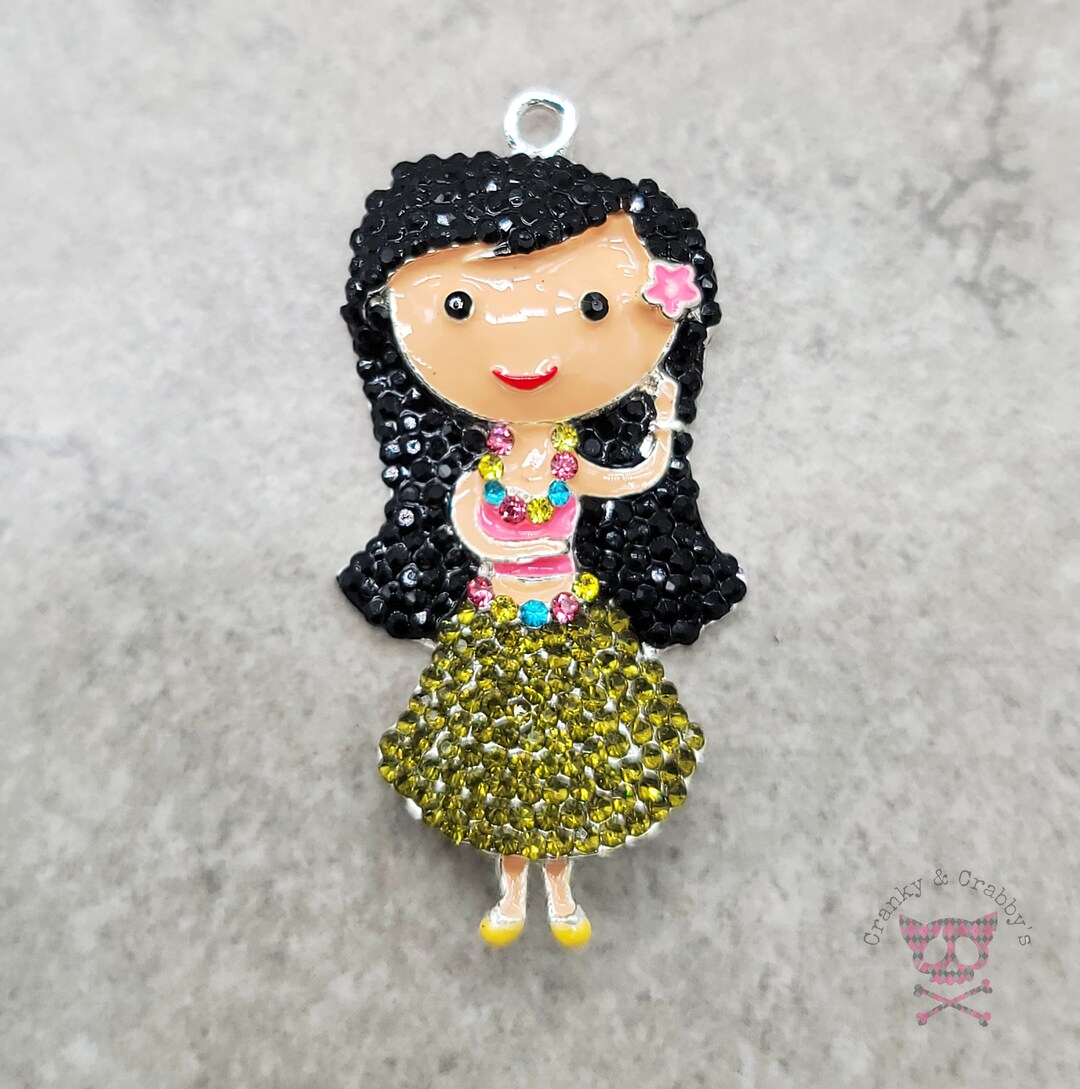 V PP Hula Girl Black Hair Enamel and Rhinestone Pendant - 54mm X 32mm ...