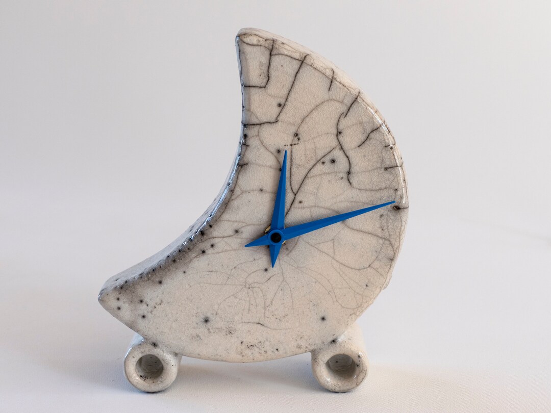 Desk Clock, Ceramic Handmade, Antique White, Crackled Smoked, Raku ...