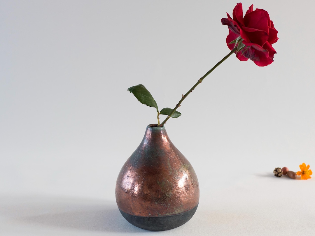 Flower Vase, Drop Shape Vessel, Handmade Ceramic, Raku Fired, Bronze ...