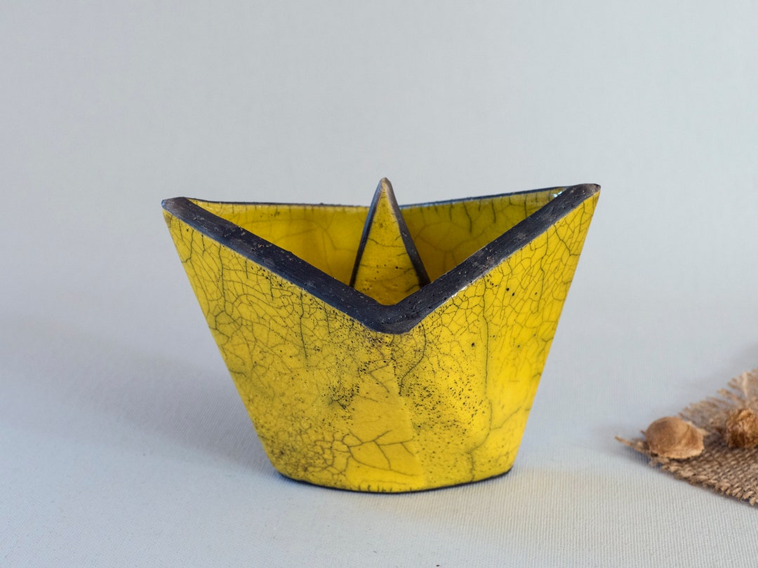 Paper Boat, Ceramic Handmade, Raku Fired, Yellow Crackled, Black Smoked ...