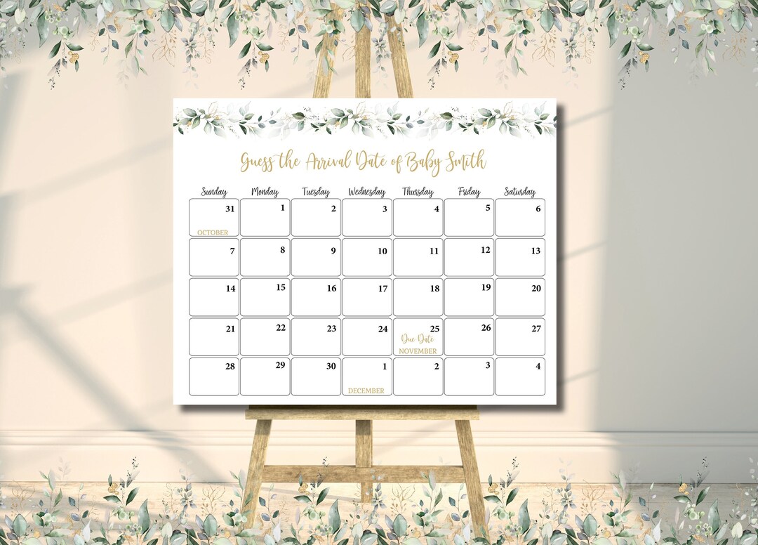 DIY Editable Greenery Eucalyptus Due Date Calendar Game - Baby Shower ...