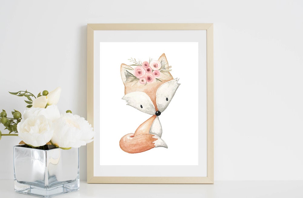Woodland Animal Fox Print, Boho Fox Girl Nursery Decor, Feathers Forest ...