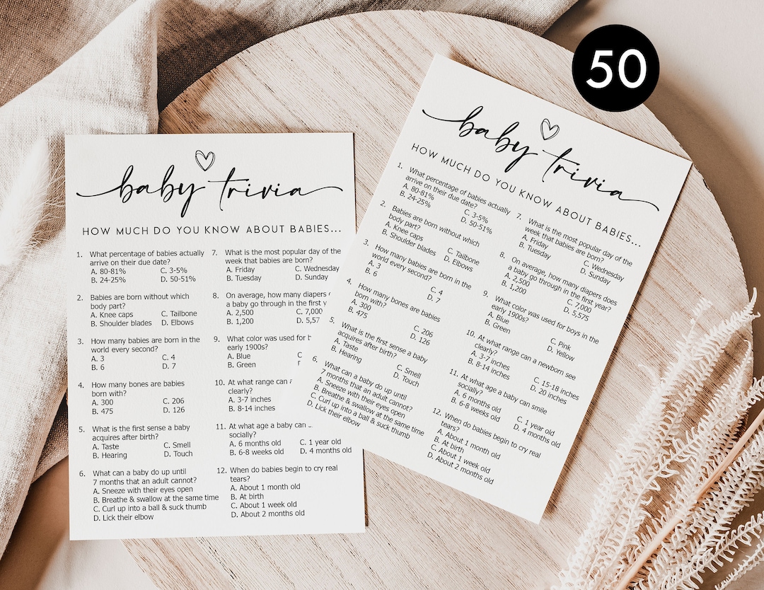 PRINTED + SHIPPED: 50 Baby Trivia Game Cards (50-cards) Fun Baby Shower ...
