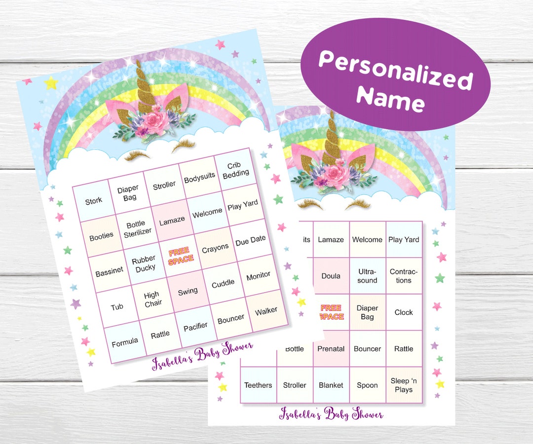 DIY Editable Name - Unicorn BINGO - 110 Baby Shower Bingo Game Cards ...
