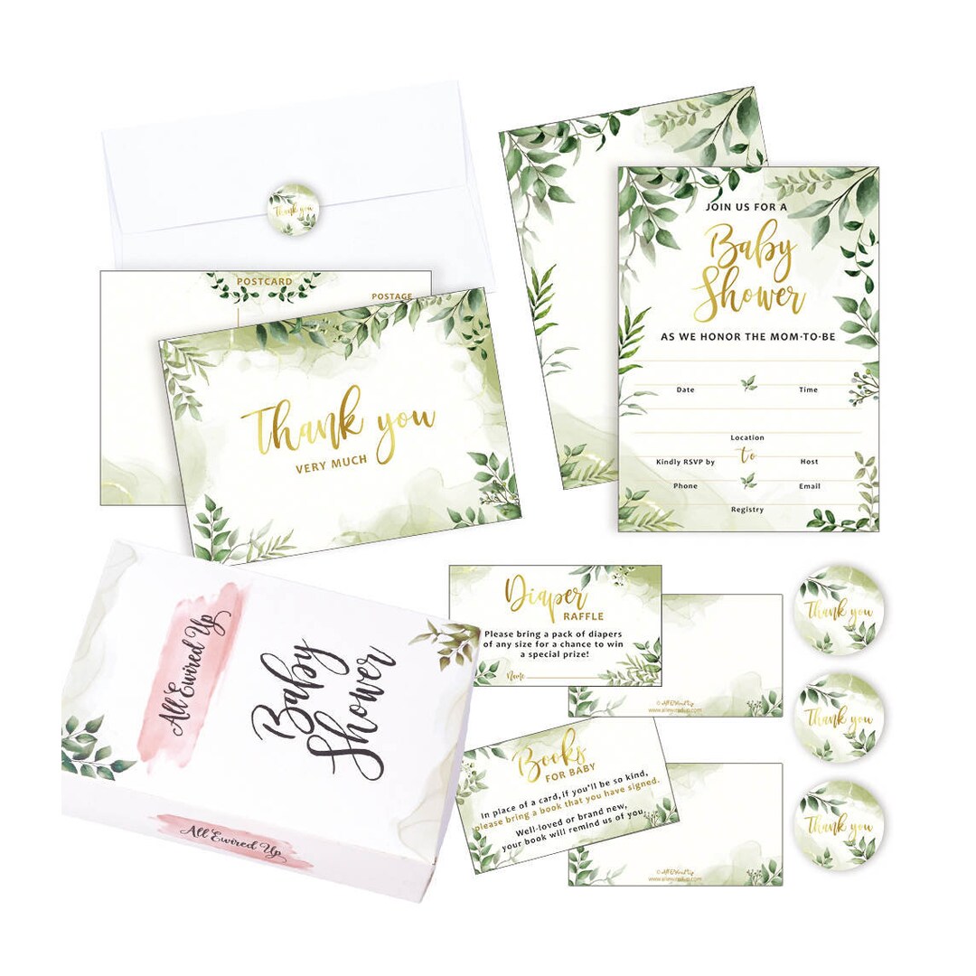 25 Double-sided Baby Shower Invitation Set With Envelopes Greenery ...