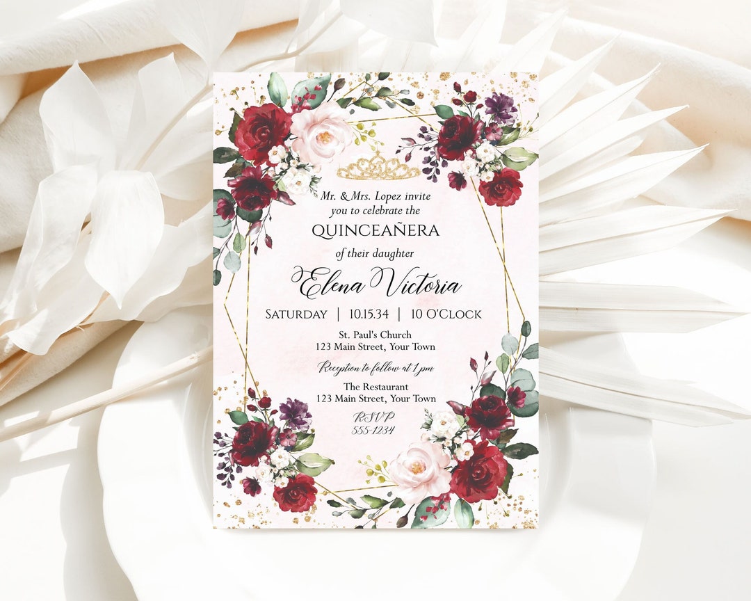 DIY Editable Quinceanera Invitation, Red Burgundy Flowers, Butterfly ...