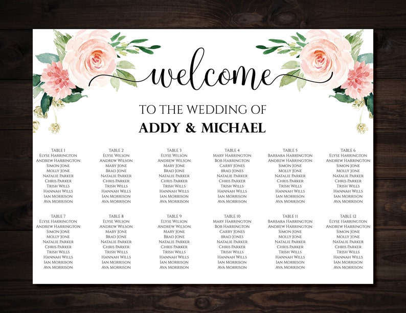 Printable Pink Floral Wedding Seating Chart - Editable Seating Chart ...