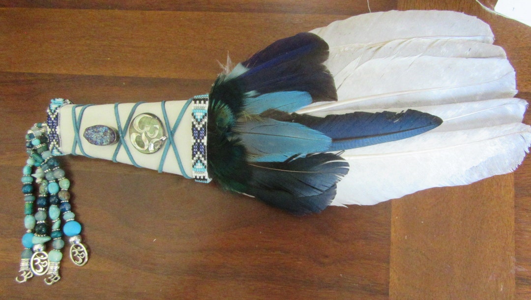 Ohm Prayer Feather Smudge/prayer Fan Set-66 Gemstone With Abalone Shell ...