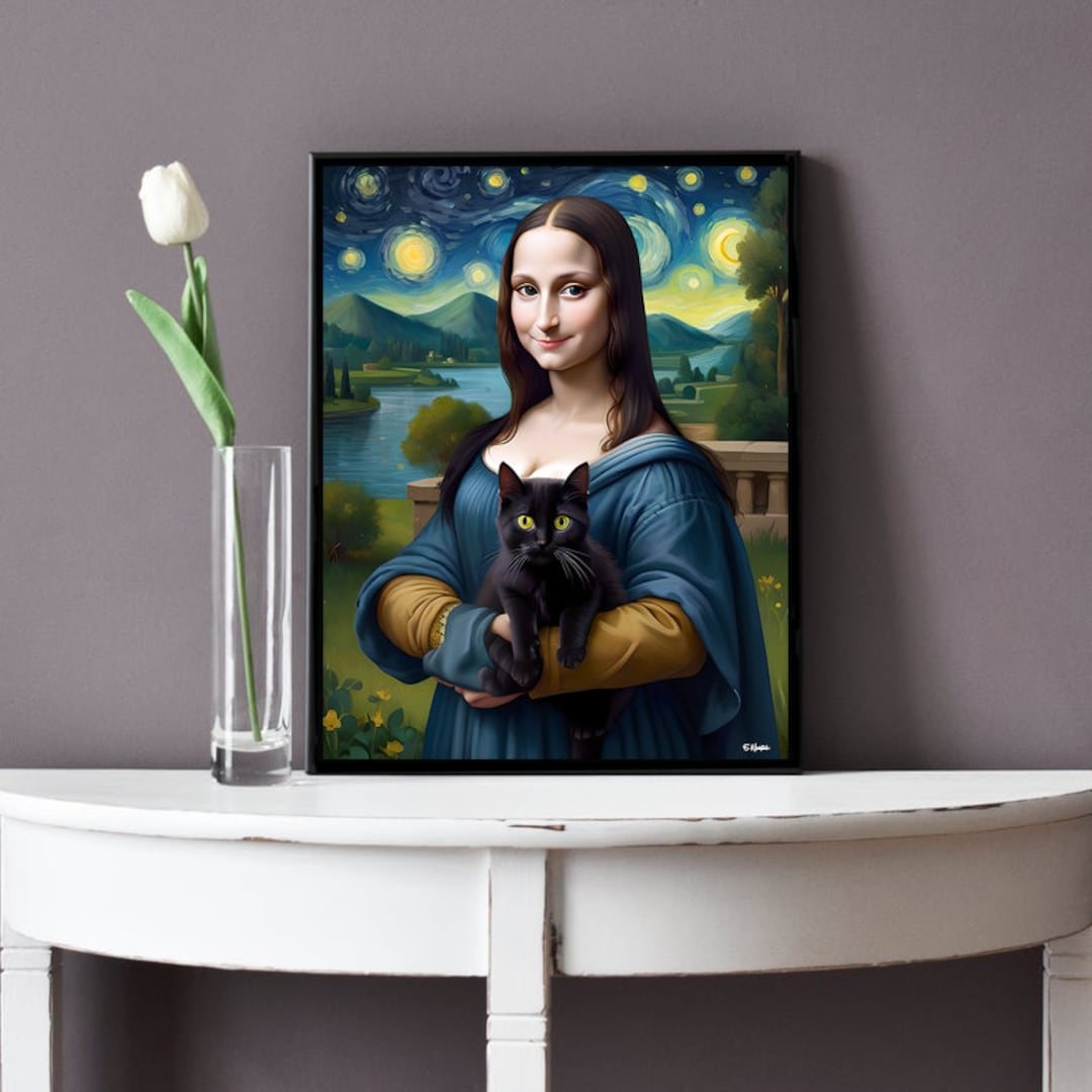 Mona Kitty, Mona Lisa With a Black Cat, Cat Wall Art, Black Cat Art ...