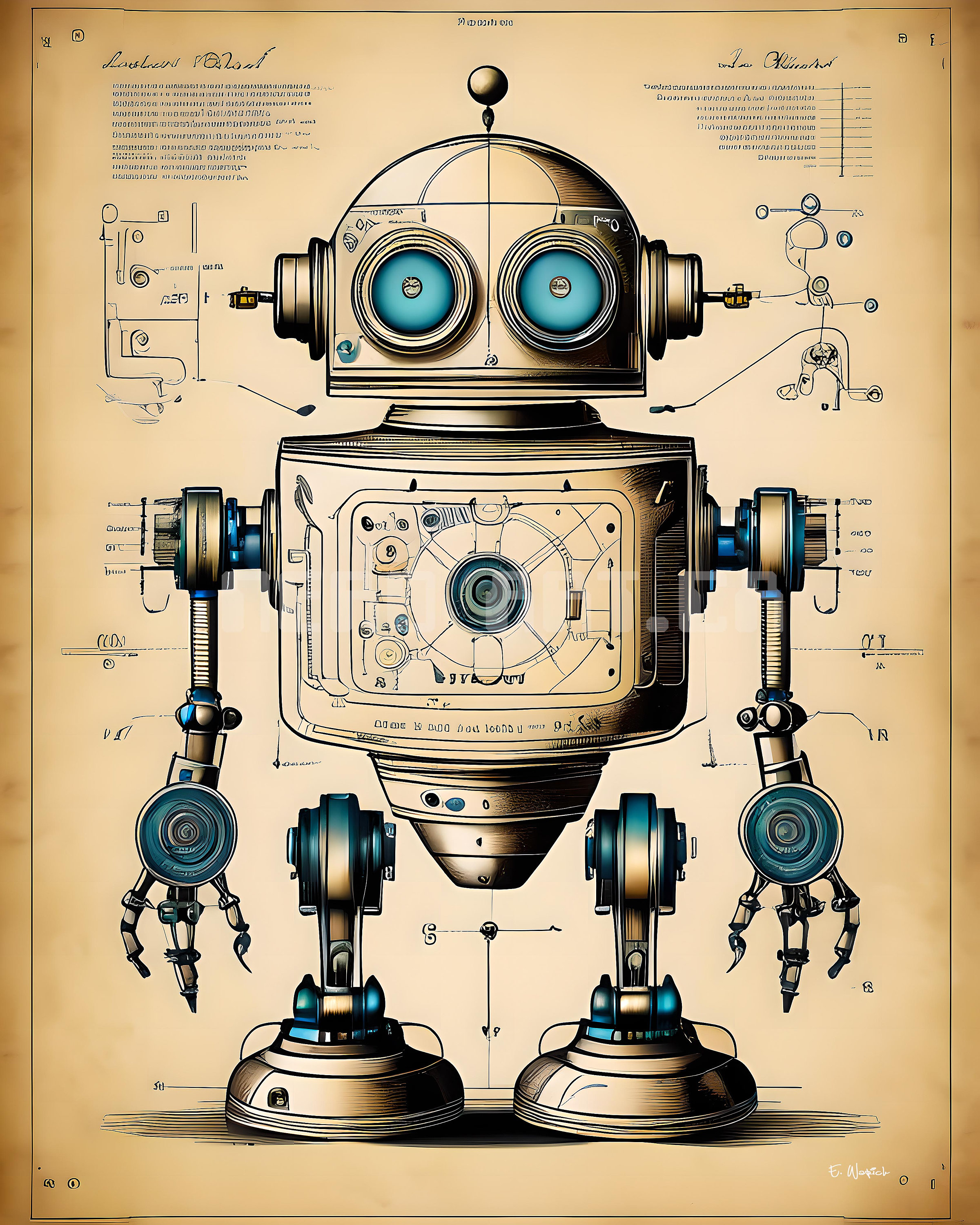 Robot Art Schematics Art Print, Robot Art, Retro Robot Art,kid's Room ...